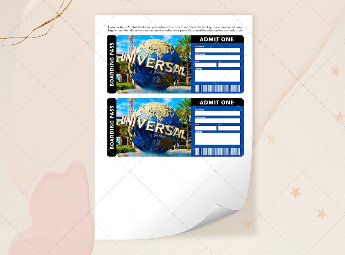 UNIVERSAL STUDIOS Surprise Printable Trip Ticket, Universal Gift Ticket, Boarding Pass, Editable ...