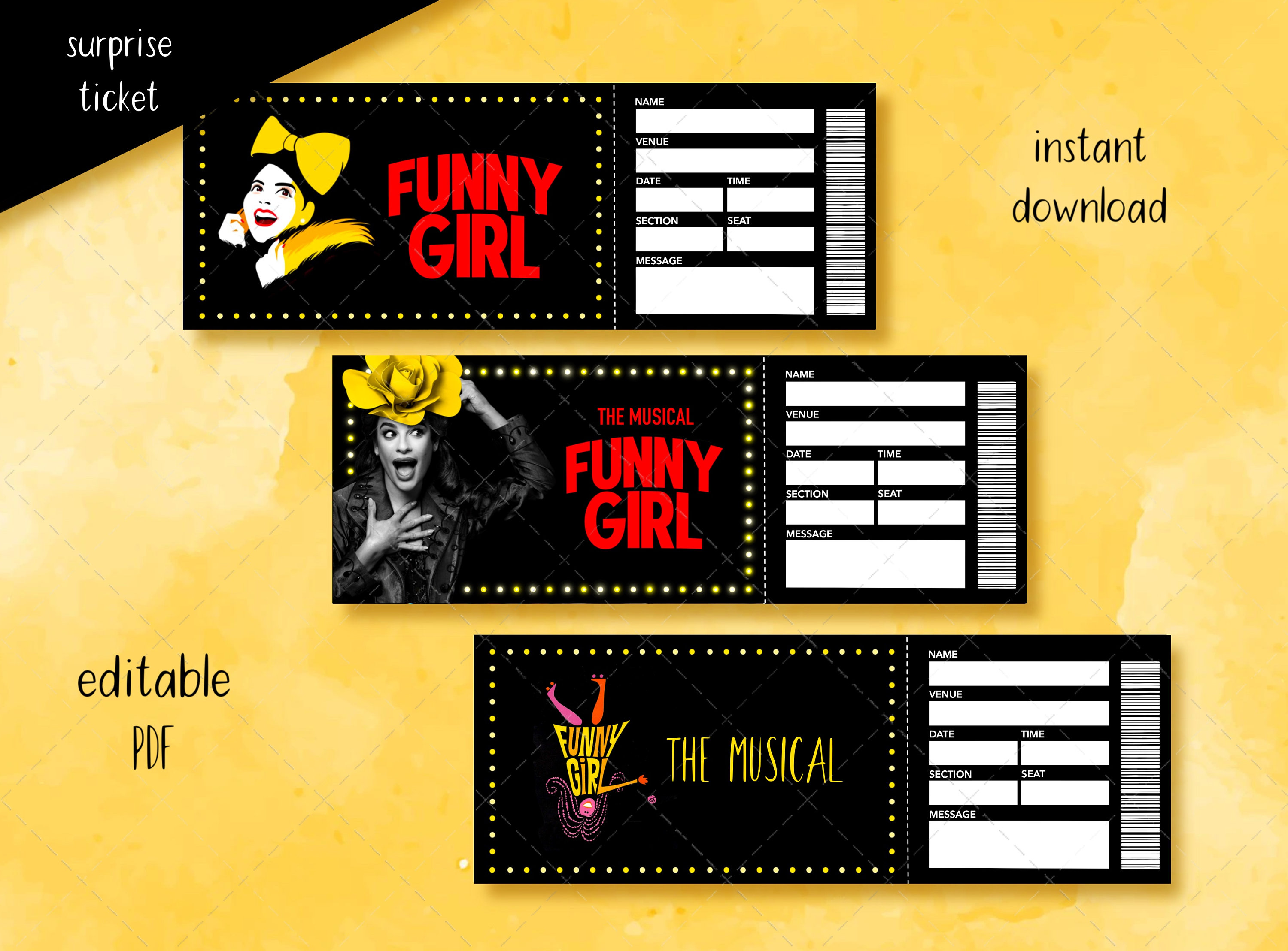 Printable Funny Girl Musical Ticket, Editable Broadway Surprise Musical ...