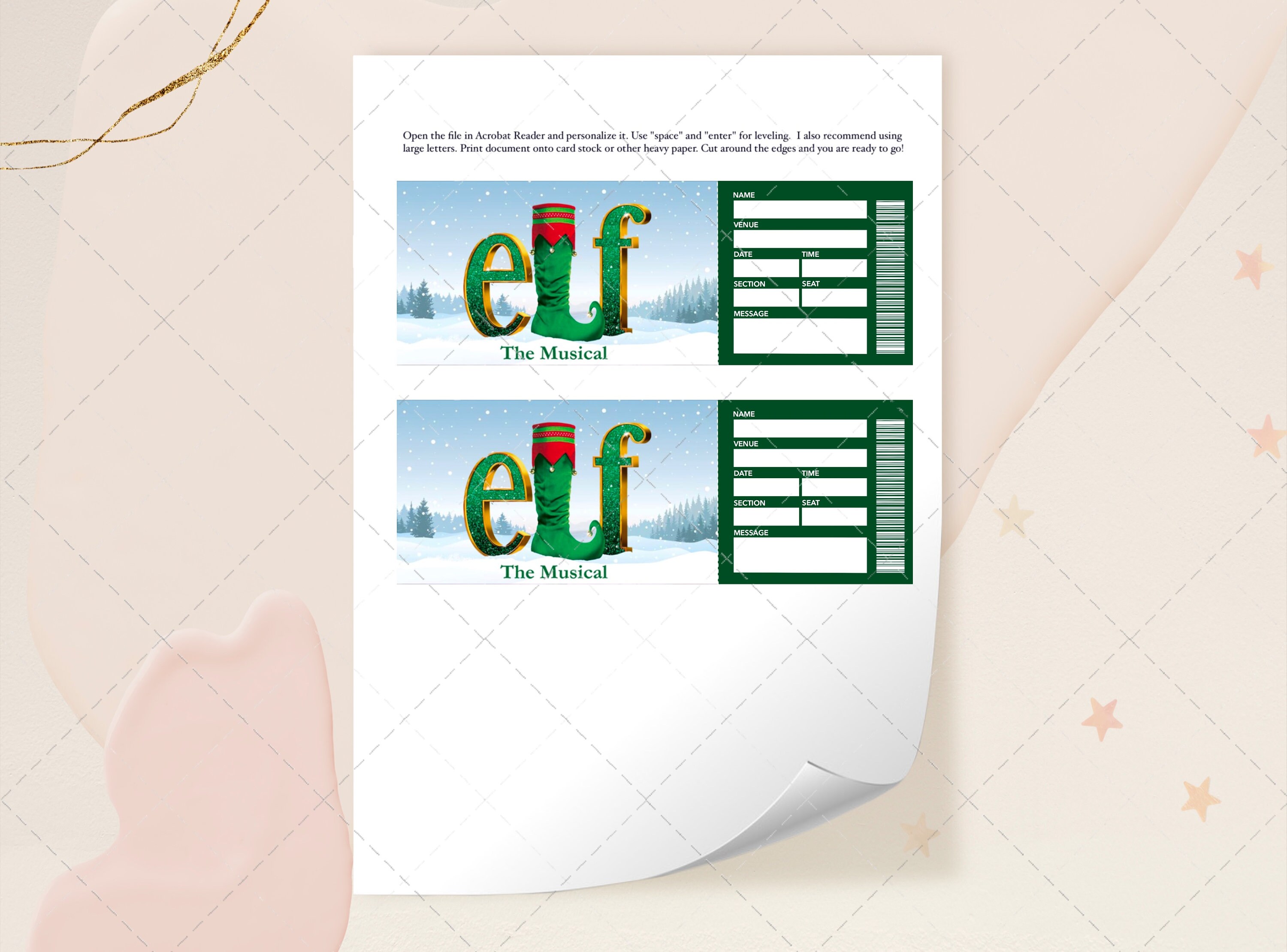 Printable Elf Musical Ticket, Editable Christmas Surprise Musical ...