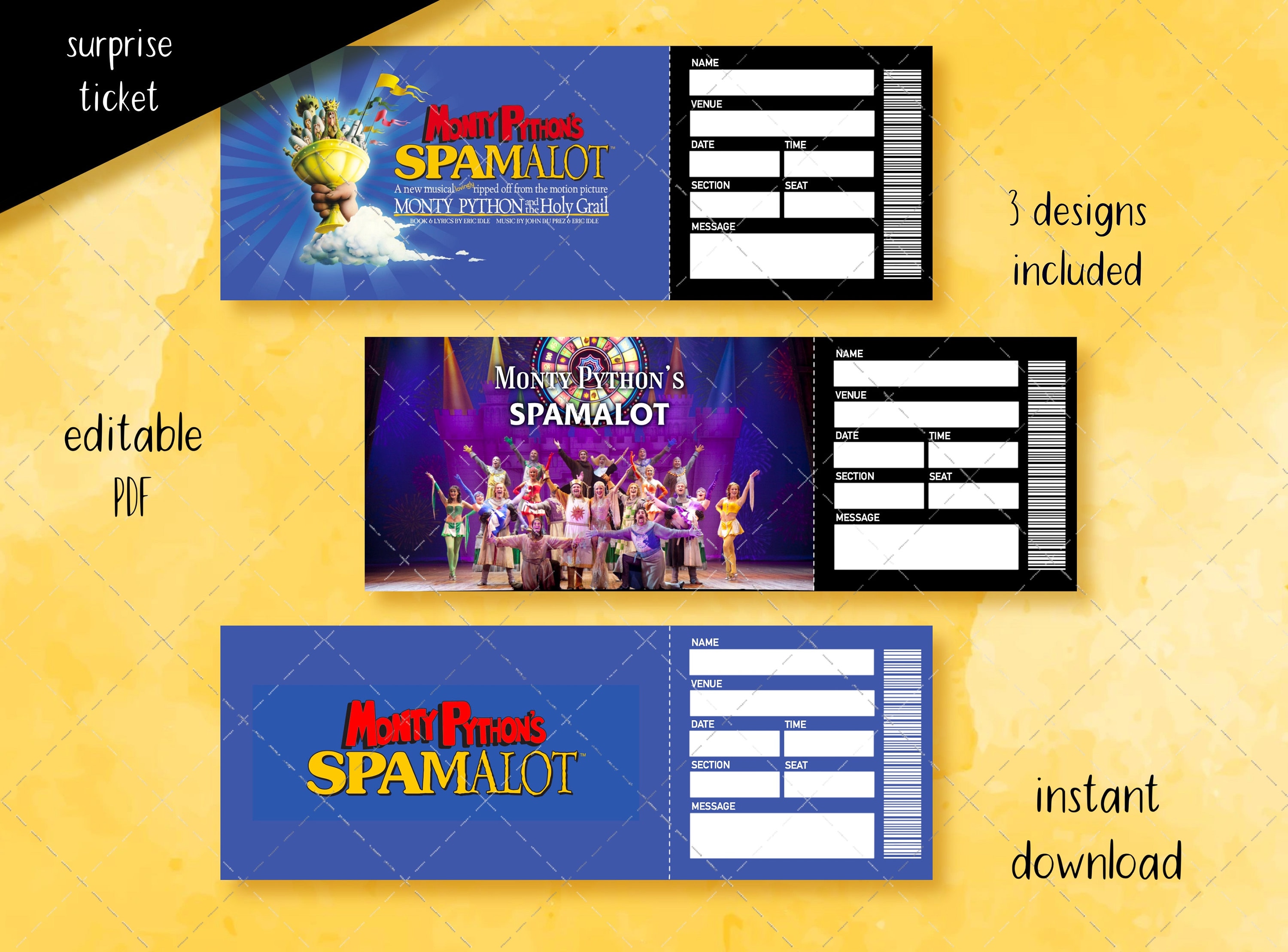 SPAMALOT Broadway Ticket, Surprise Musical Ticket, Collectible Theater ...