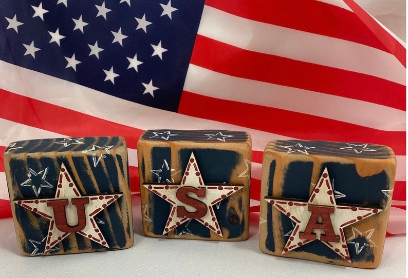 4th of July Blocks, July 4th Decor, Patriotic Blocks, Rustic Americana ...