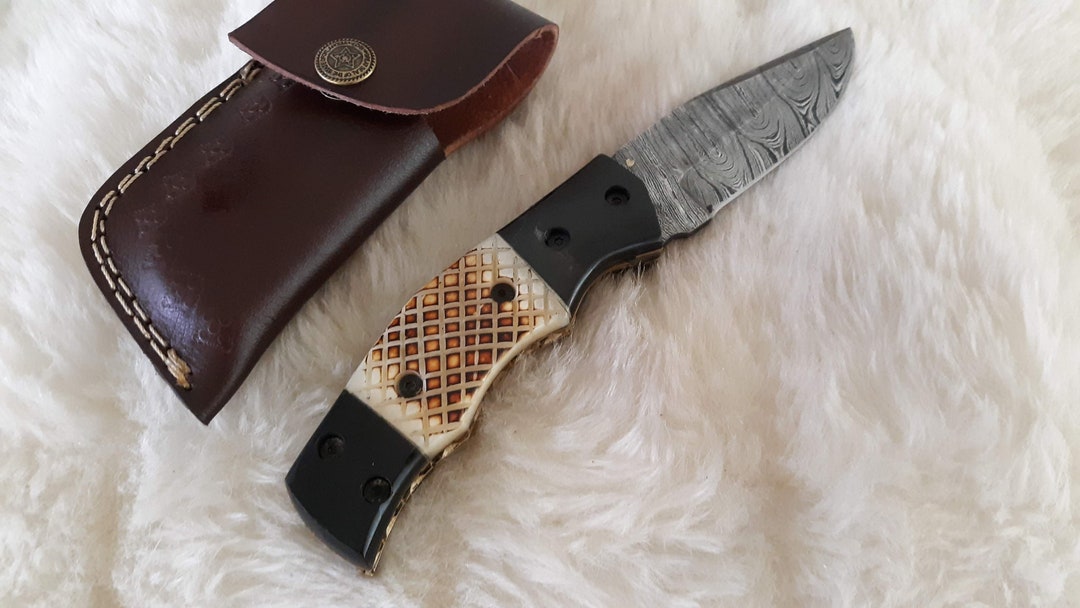 DAMASCUS Engraved Burn Bone Pocket Knife W/sheath - Etsy