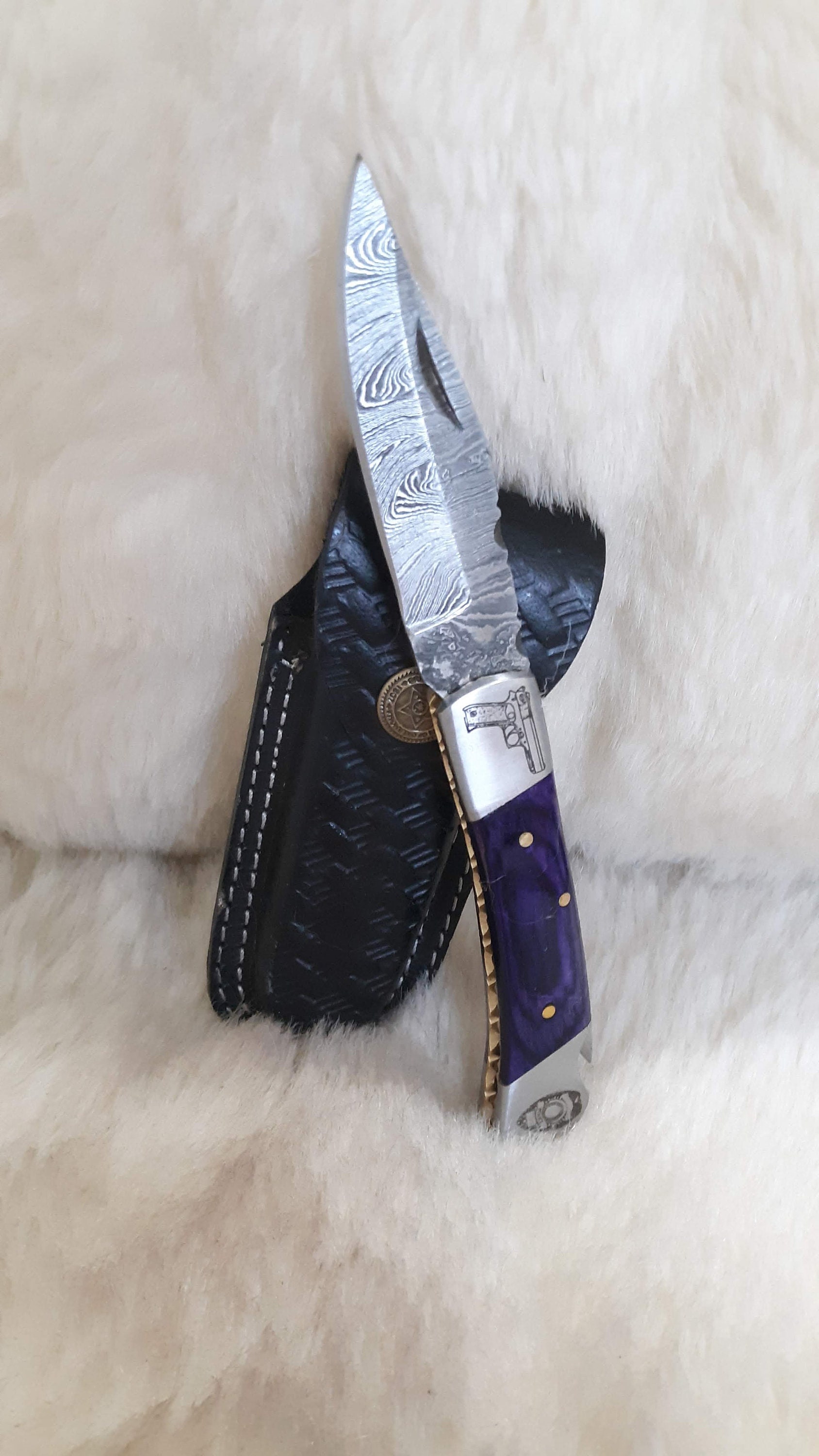 Police lawman Handmade Damascus Pocket Knife W/sheath - Etsy