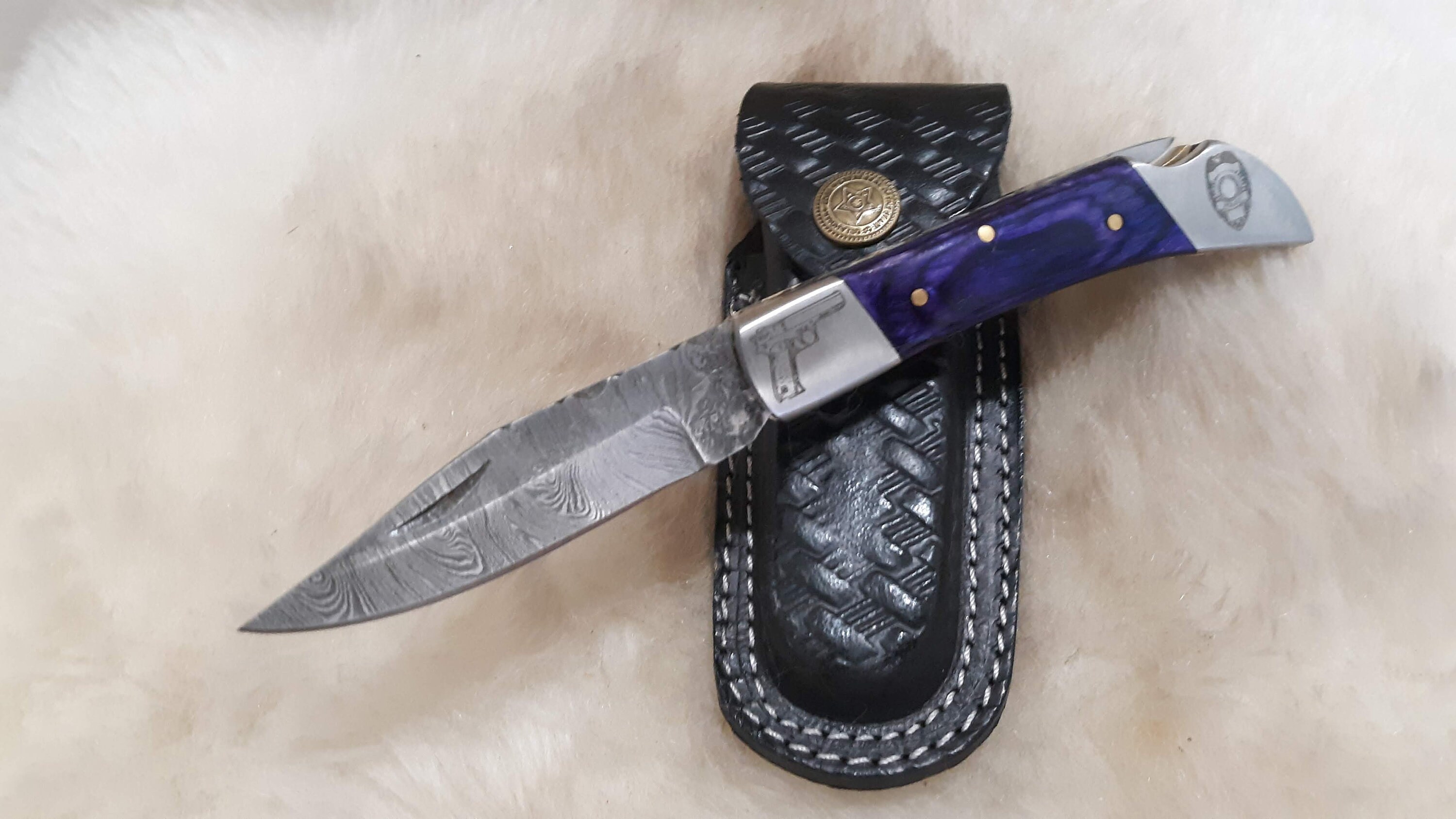 Police lawman Handmade Damascus Pocket Knife W/sheath - Etsy