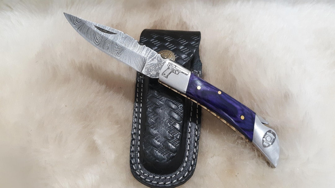 Police lawman Handmade Damascus Pocket Knife W/sheath - Etsy
