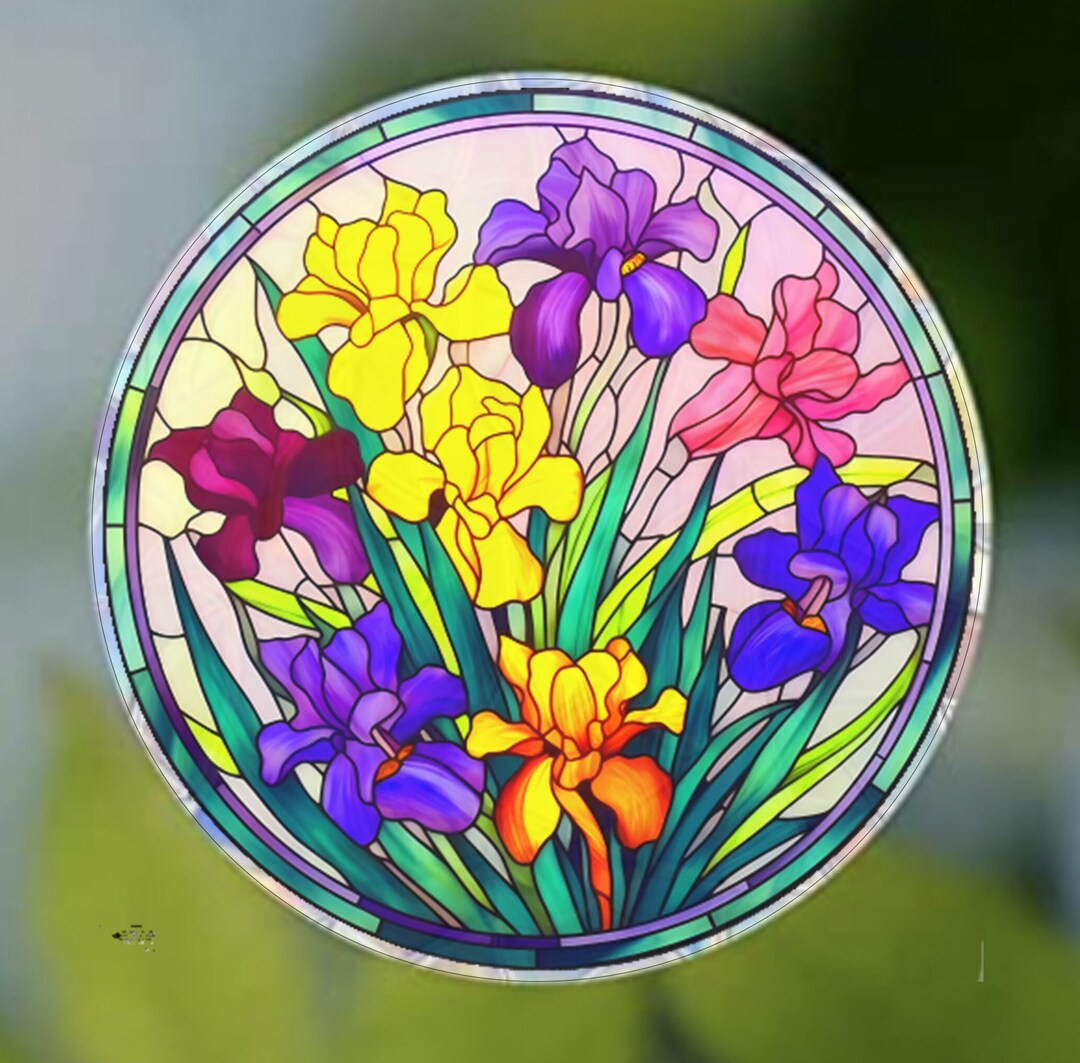Colorful Iris Flowers Window Cling Suncatcher Stained Glass Effect | UV ...