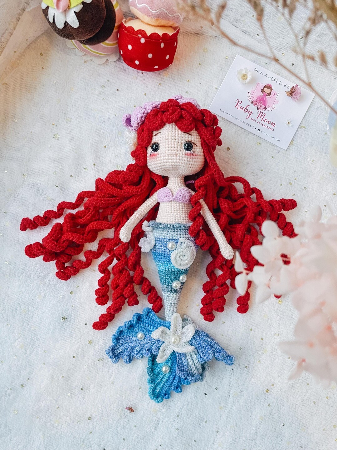 Crochet Mermaid Plush Doll: Ombre Tail, Maroon Hair, Starfish Decor - Etsy