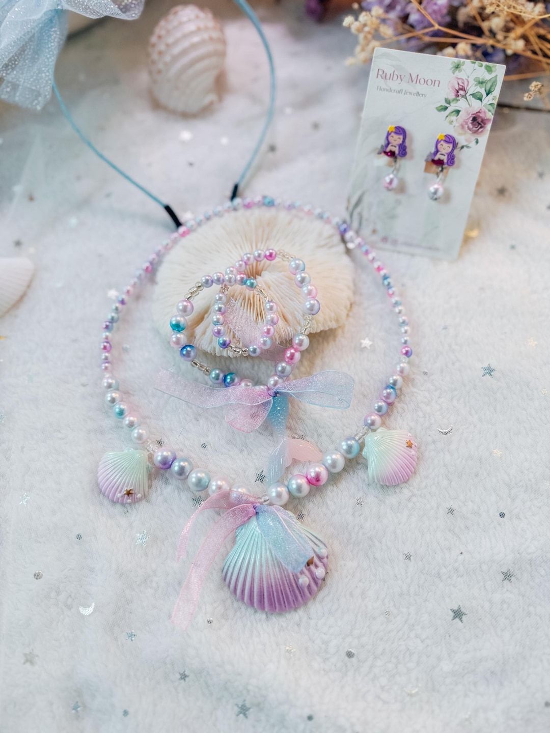 Toddler Mermaid Jewelry Set: Shell Necklace, Bracelet, Clip-on Earrings ...