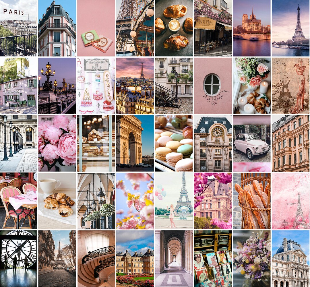 Pink Paris Photo Wall Collage Kit, Pink Aesthetic Collage, City Prints ...