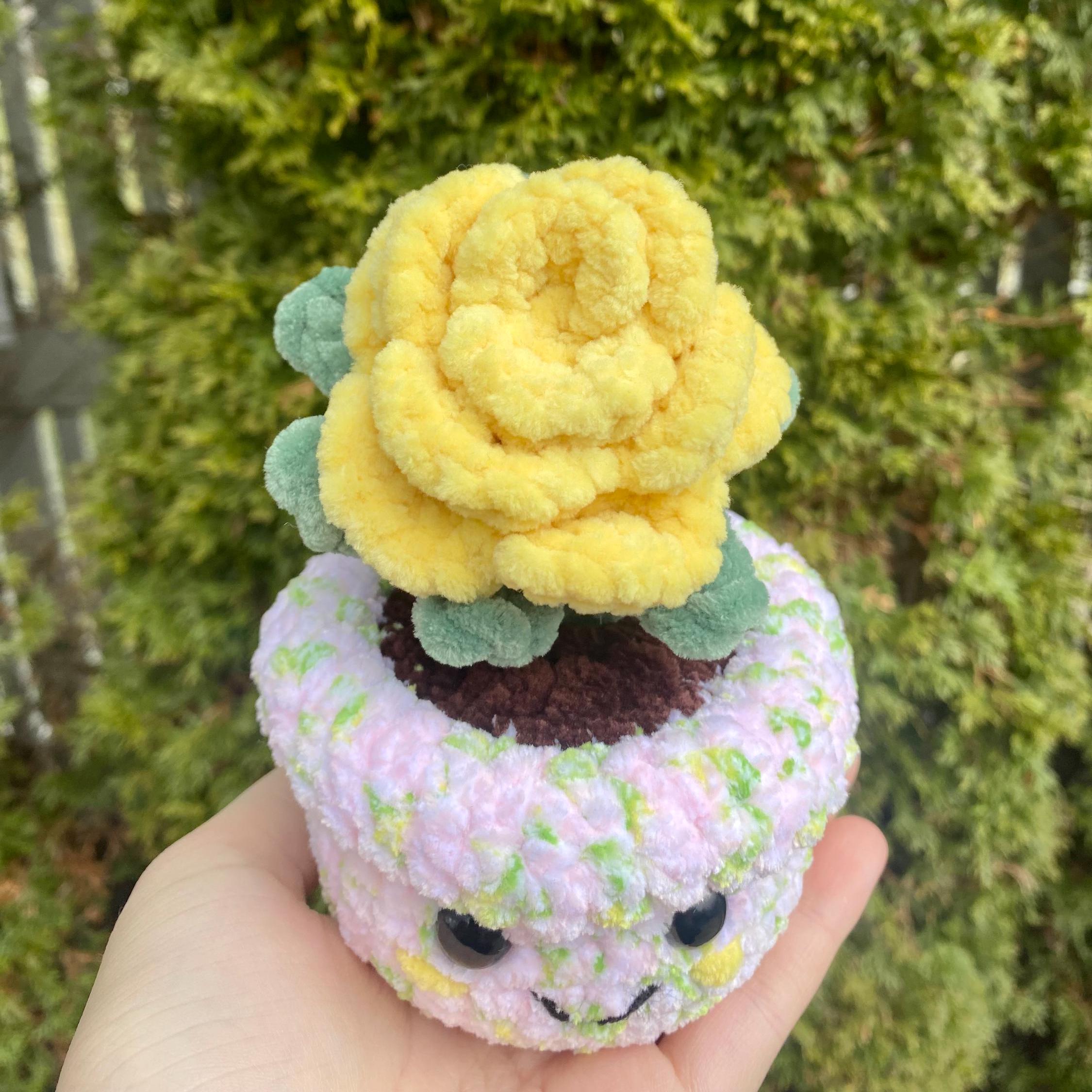 Crocheted Rose Flower Pot Plushie: Chenille Yarn Desk Decor - Etsy