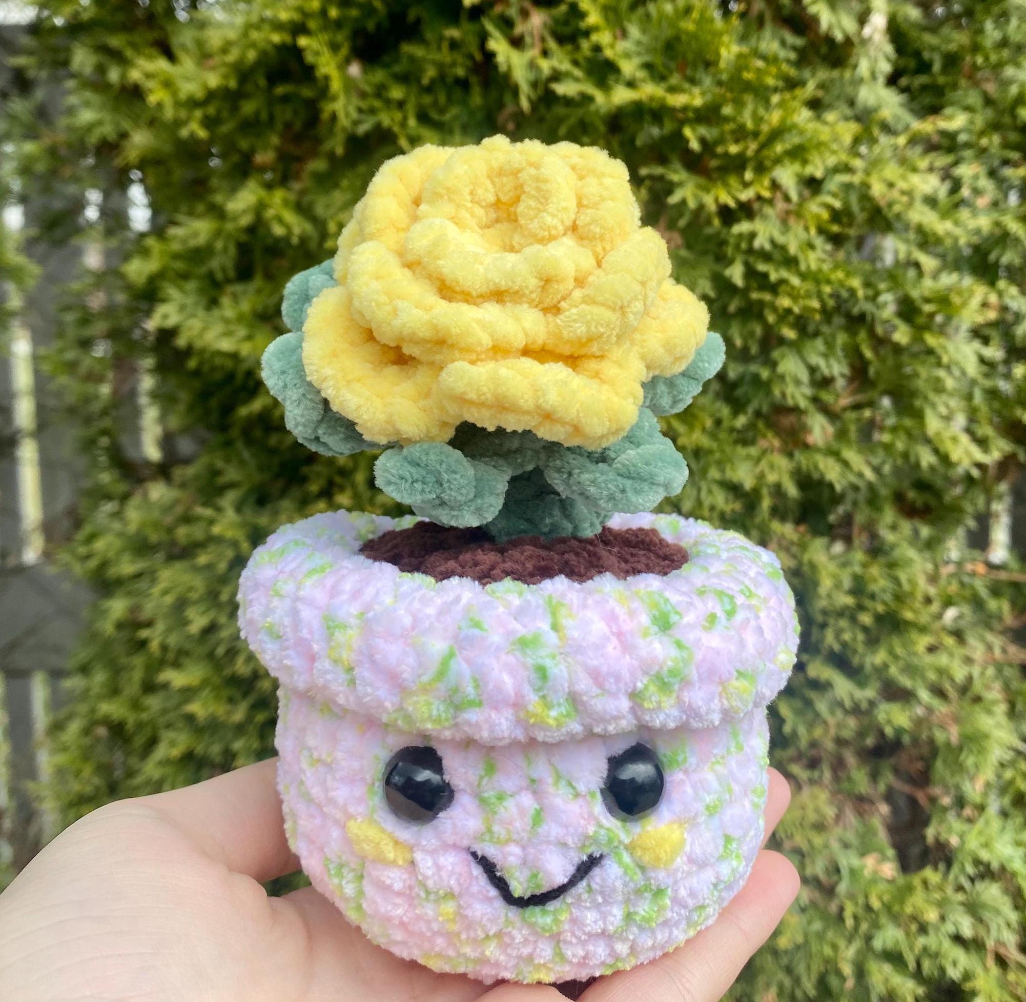 Crocheted Rose Flower Pot Plushie: Chenille Yarn Desk Decor - Etsy