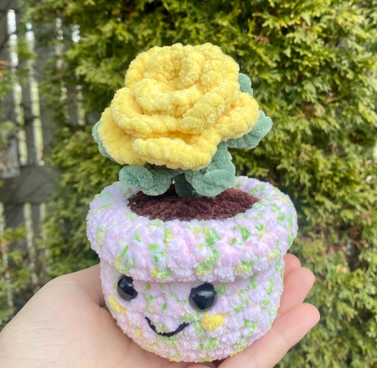 Crocheted Rose Flower Pot Plushie: Chenille Yarn Desk Decor - Etsy