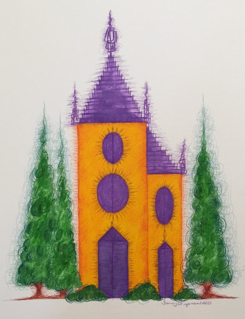 The Yellow Tower House. Watercolour Original Artwork. Colourful ...