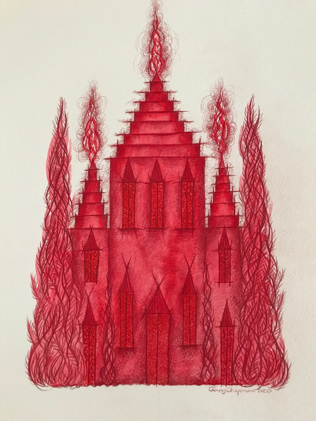 The Red Fire House. Watercolour Original Artwork. Colourful Whimsical ...