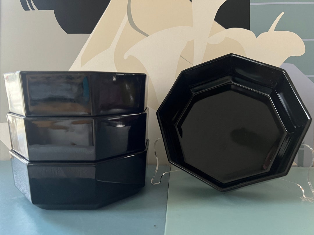 80s Art Deco Arcoroc Glassware Bowls, Octime Black Glass Octagon Soup ...