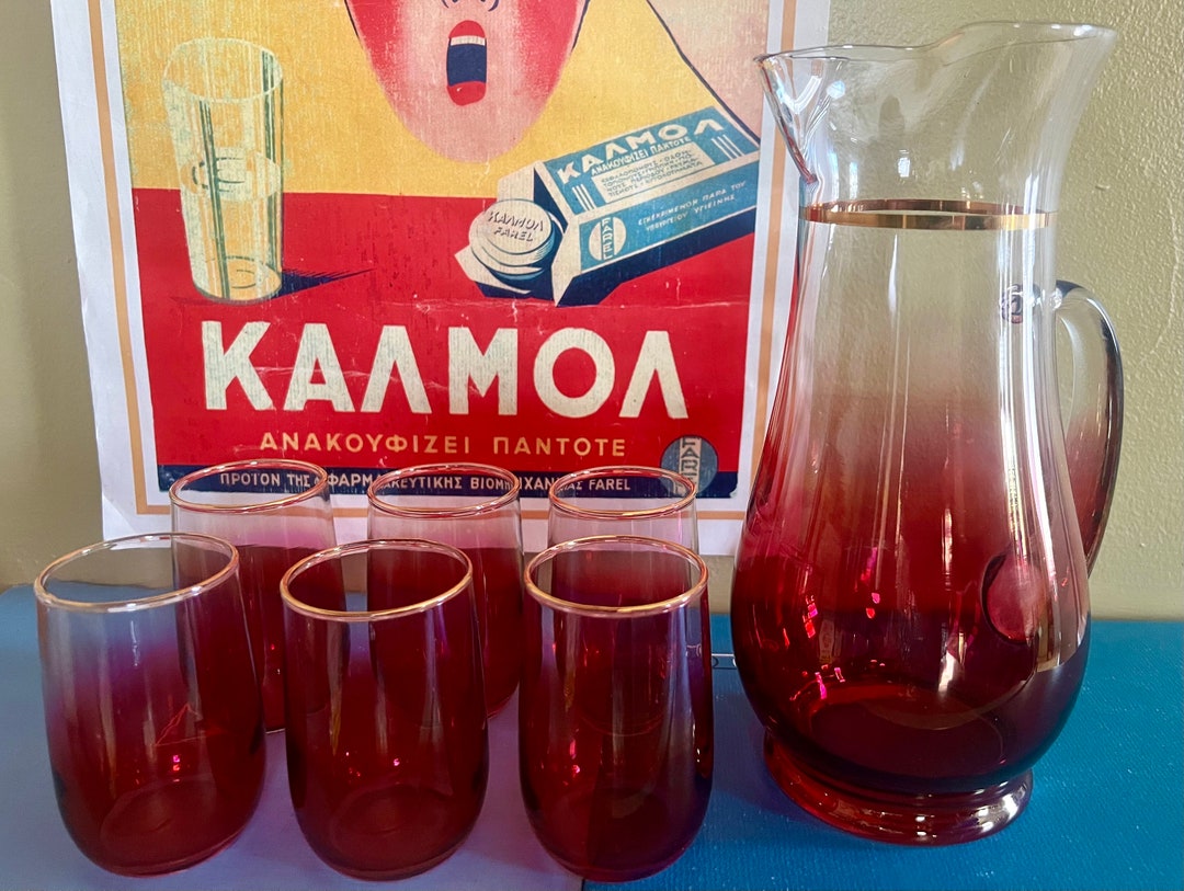 Vintage Glass Pitcher Set With Glasses in Iridescent Pink Blendo Ombré ...