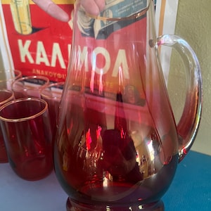 Vintage Glass Pitcher Set With Glasses in Iridescent Pink Blendo Ombré ...