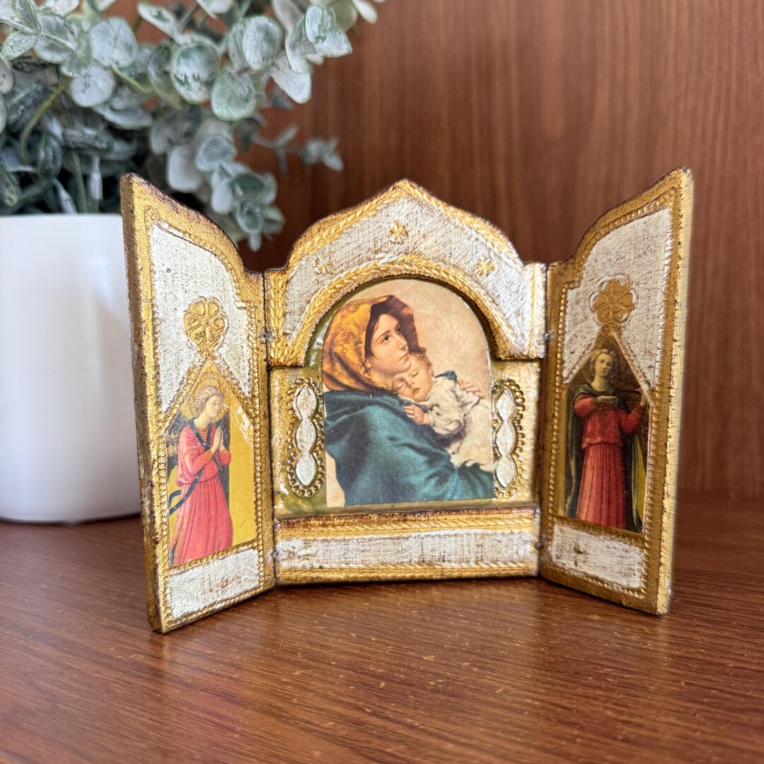 Catholic Art: Vintage Florentine Triptych, Madonna and Child, Italian ...