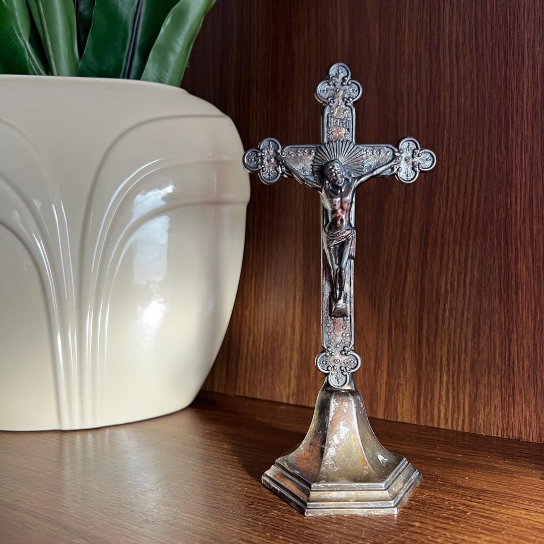 Antique Standing Crucifix, 500 Silver Catholic Altar Cross, Tabletop ...