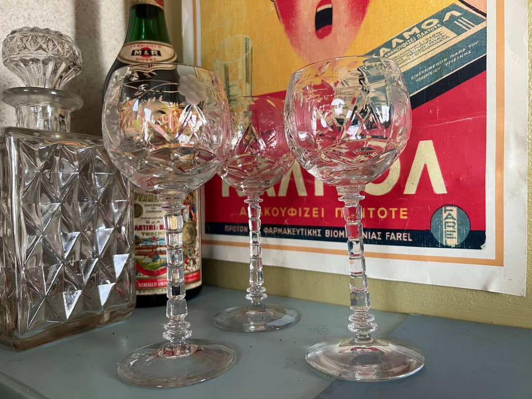 Vintage Nick And Nora Glasses Set Of 3 Etched Crystal Cordial Aperitif Digestive Port Wine