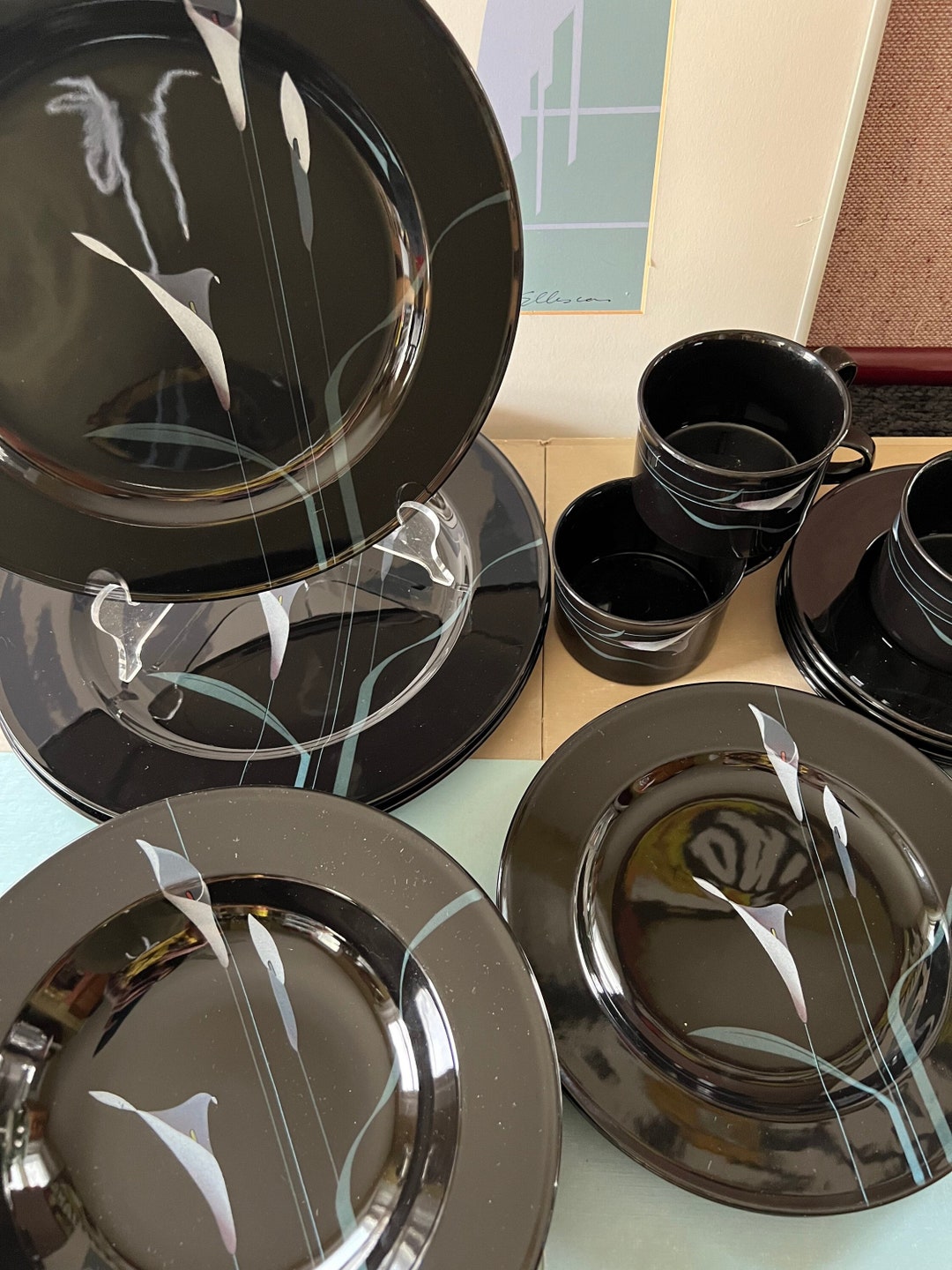 80s Deco Mikasa Dinnerware | Galleria Opus Black Calla Lily Pattern ...