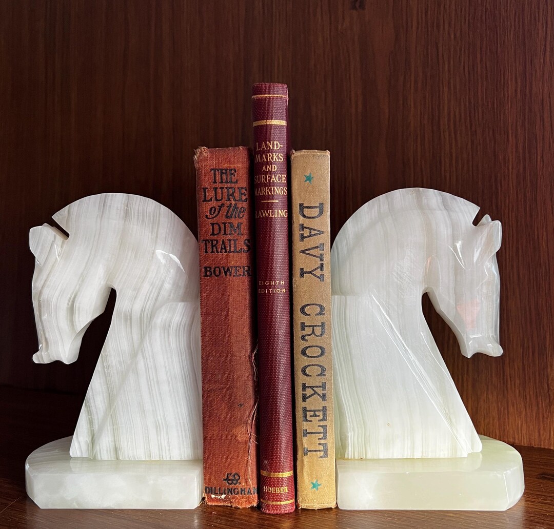 Vintage Horse Bookends Set, White Onyx Book Ends for Rustic Shelf Decor ...