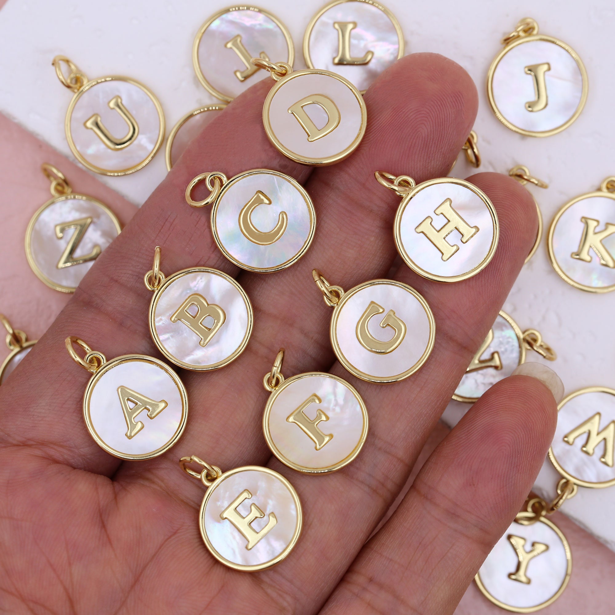 Luxury Personalized Simple Round Coin White Shell Initial Pendants,18k Gold Filled Shell ...
