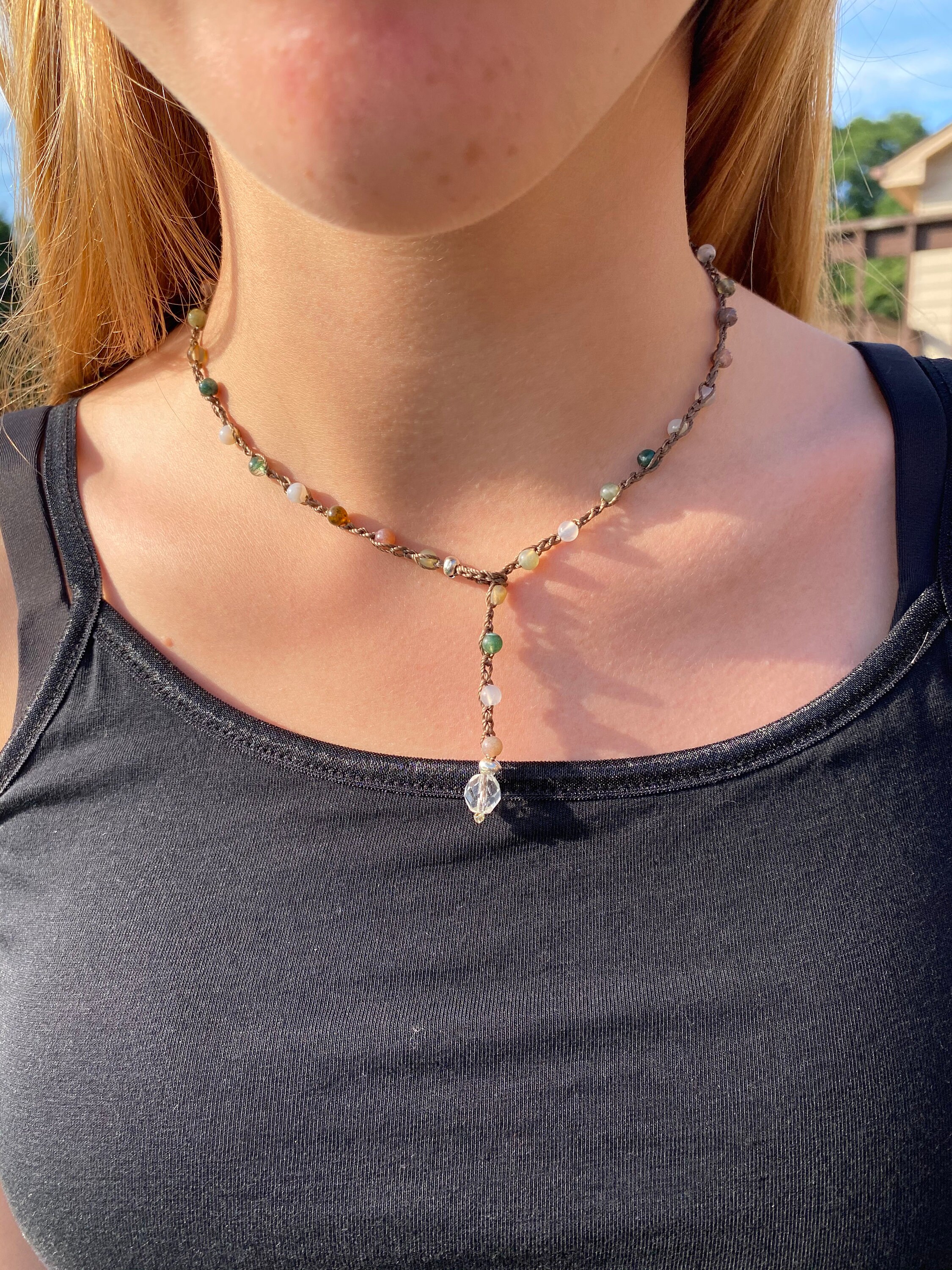 Crocheted Beaded Necklace With Earth Tone Beads and Sepia Cording - Etsy