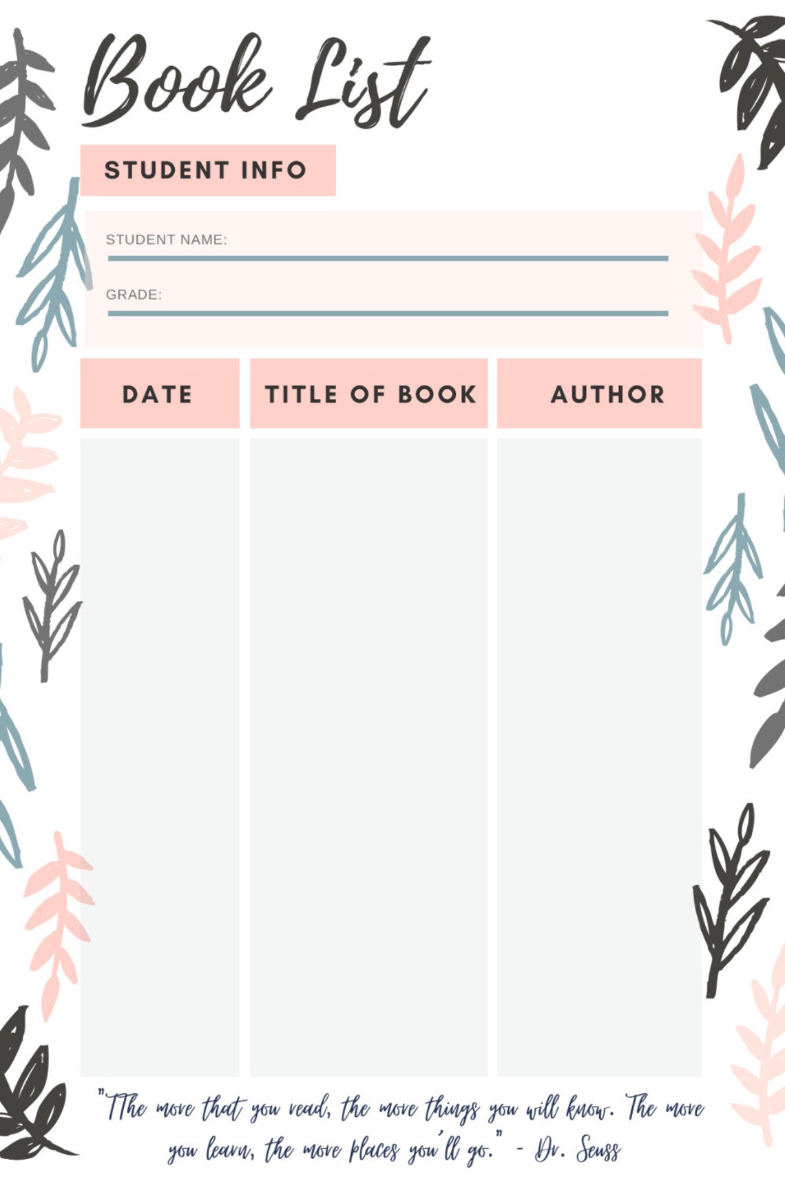 Homeschool Reading Planner Printables Book List Instant | Etsy