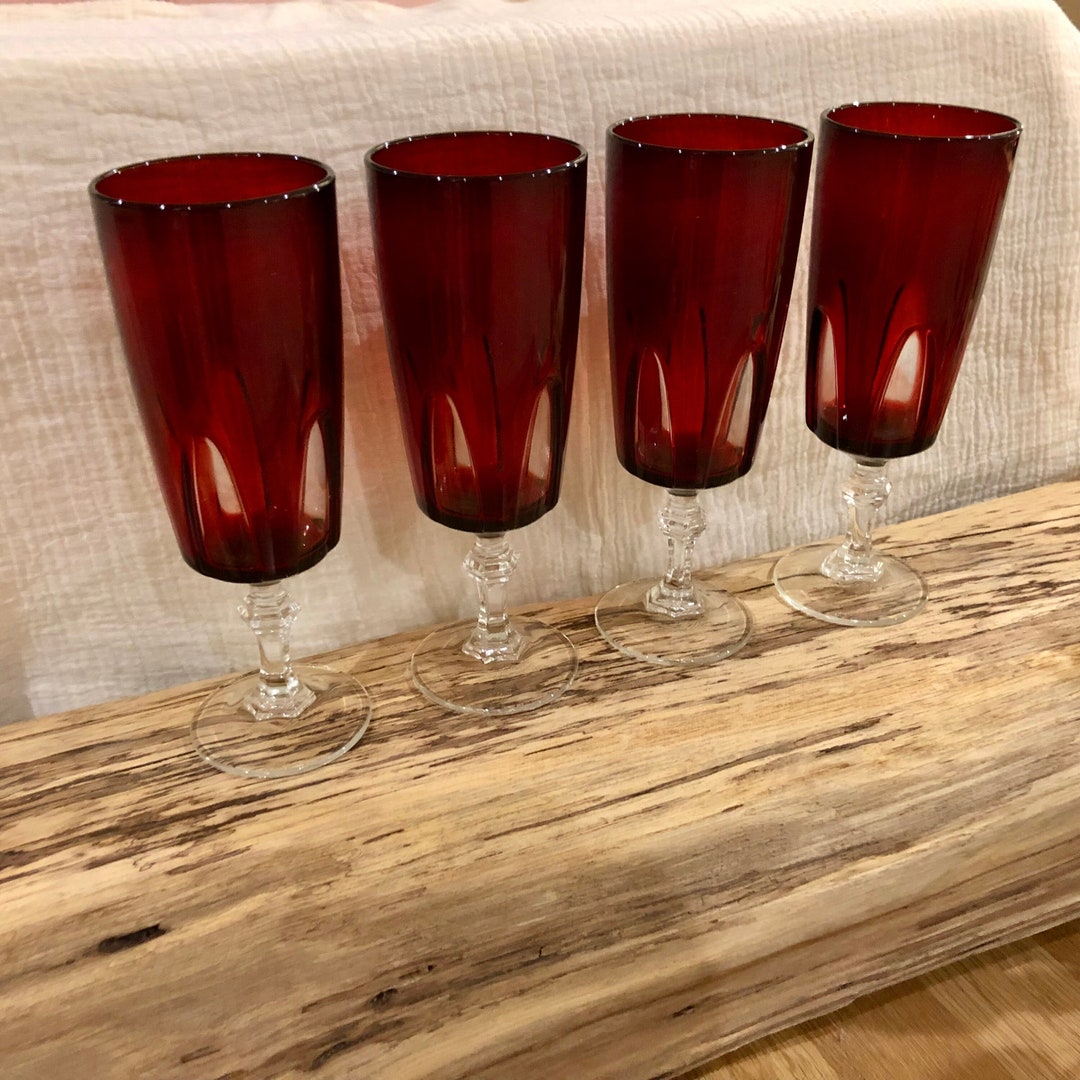 Set of 4 Vintage Ruby Red Champagne Glass Flutes by Luminarc Cristal D ...