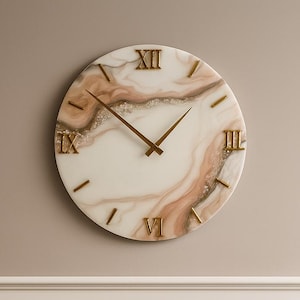 Modern Beige Resin Wall Clock – Marble Oversized Decor, Custom Handmade ...