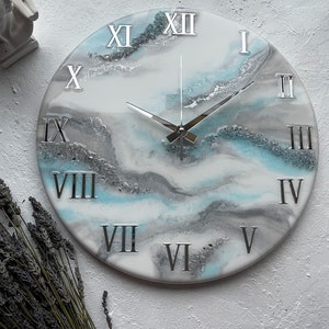 Resin Art, Wall Clock, Wall Clock Unique, Custom Clock White Blue and ...