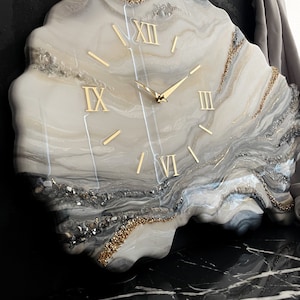 Geode Ivory Grey Gold Wall Clock, Epoxy Resin Wall Clock, Unique Wall ...