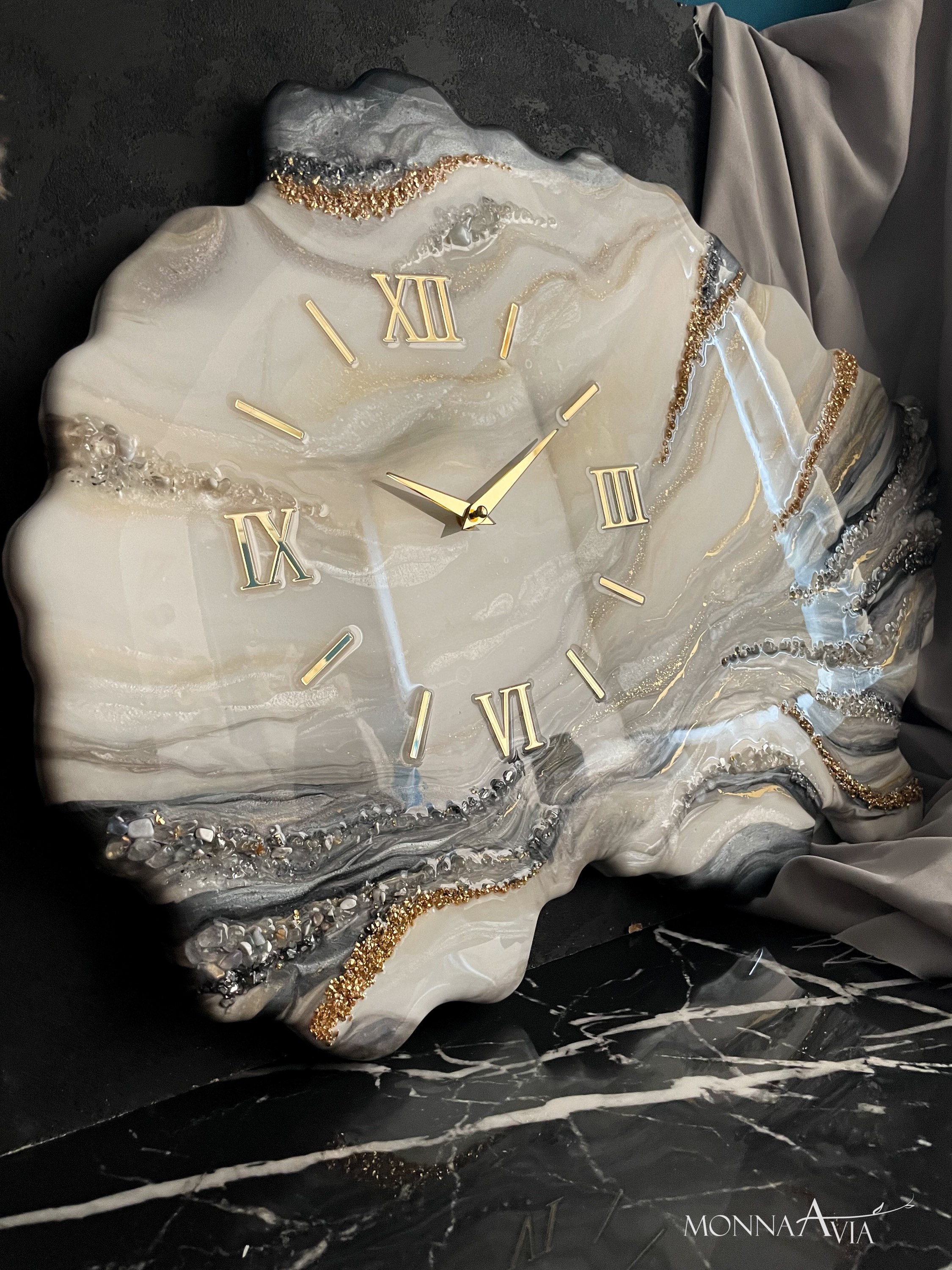 Geode Ivory Grey Gold Wall Clock Epoxy Resin Wall Clock - Etsy