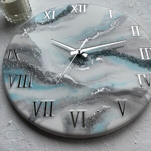 Resin Art, Wall Clock, Wall Clock Unique, Custom Clock White Blue and ...