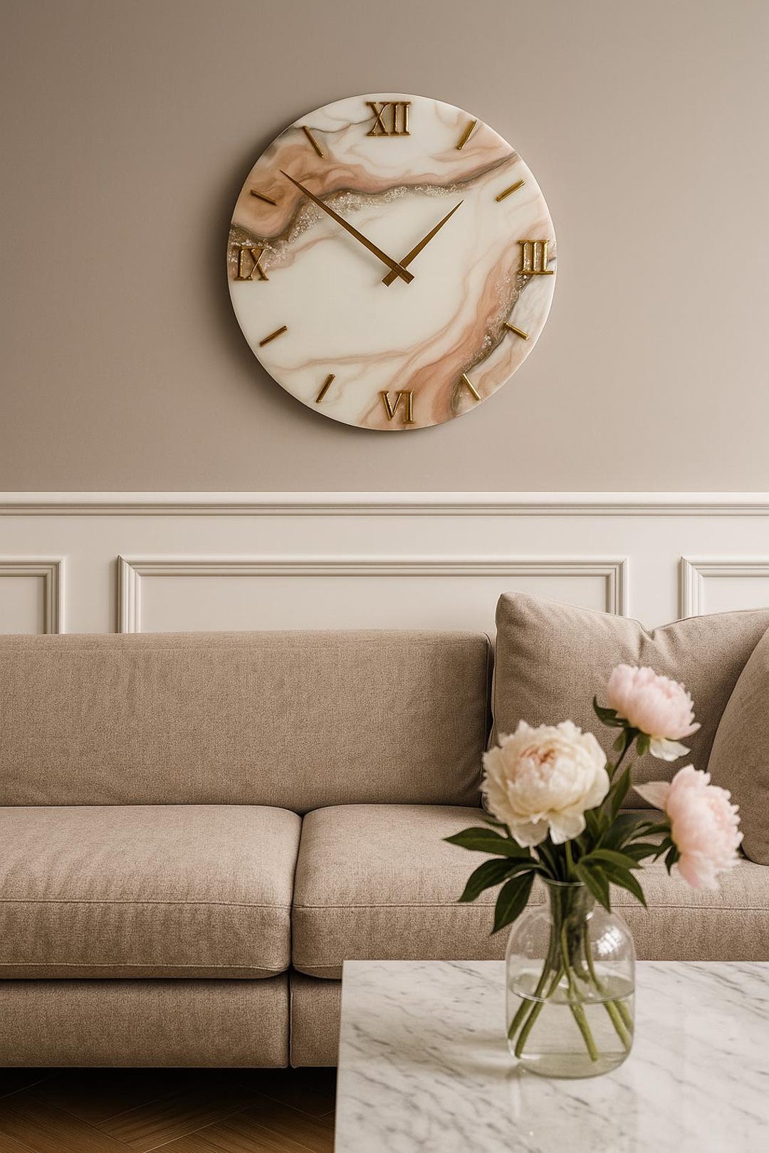 Modern Beige Resin Wall Clock – Marble Oversized Decor, Custom Handmade ...