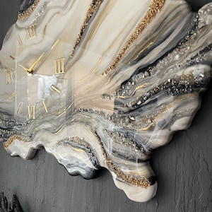 Geode Ivory Grey Gold Wall Clock, Epoxy Resin Wall Clock, Unique Wall ...