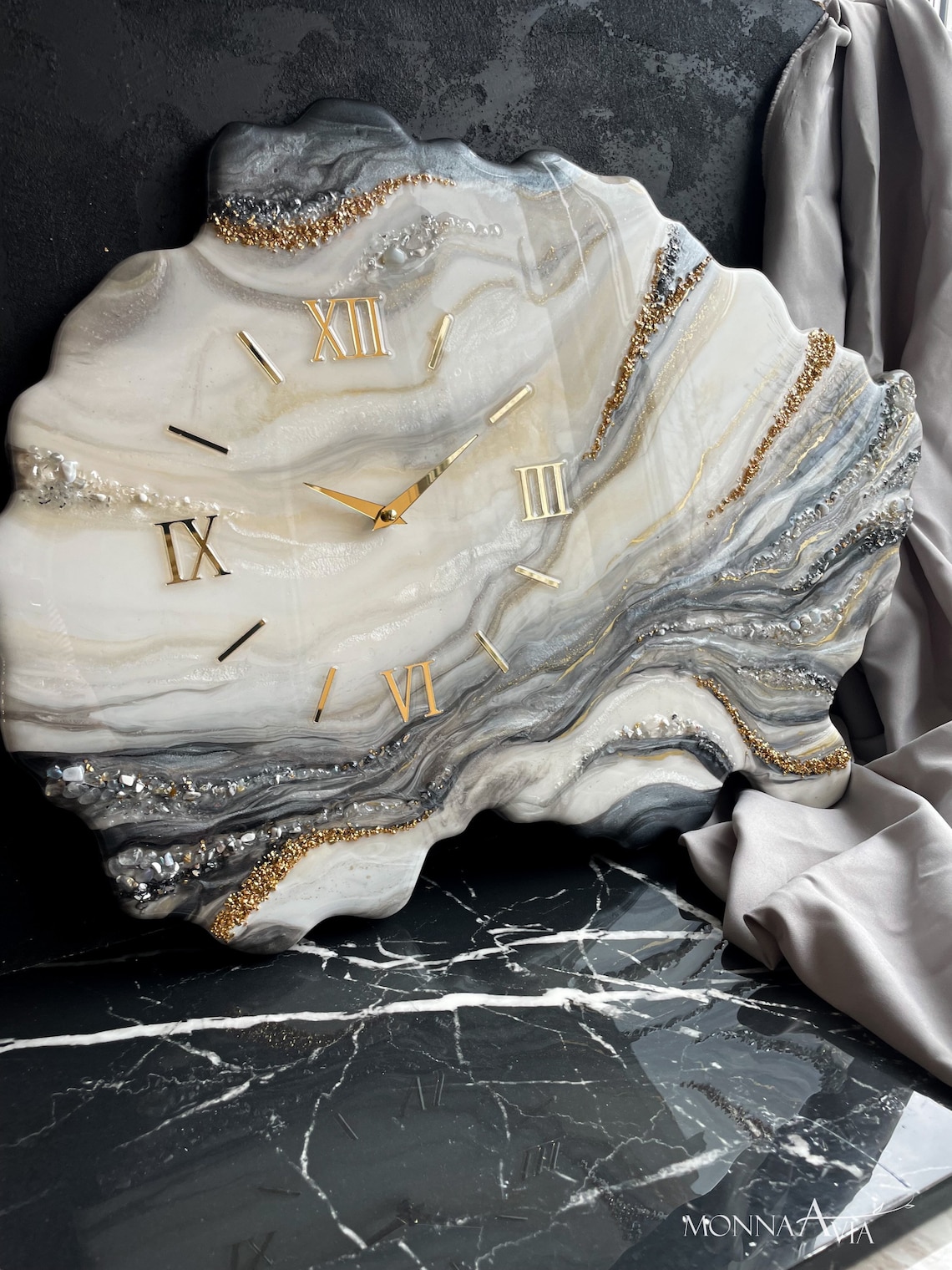 Geode Ivory Grey Gold Wall Clock Epoxy Resin Wall Clock - Etsy