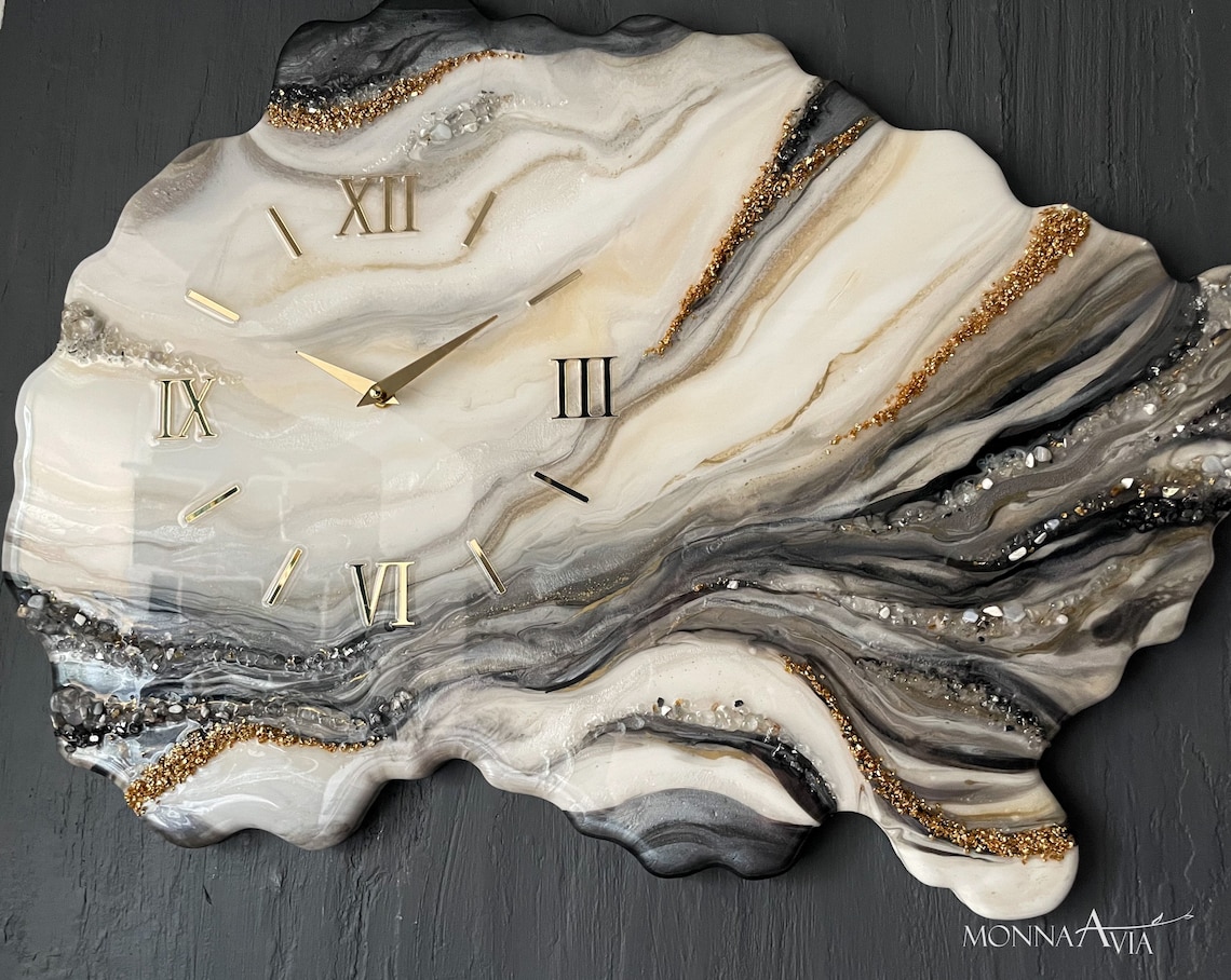 Geode Ivory Grey Gold Wall Clock Epoxy Resin Wall Clock - Etsy