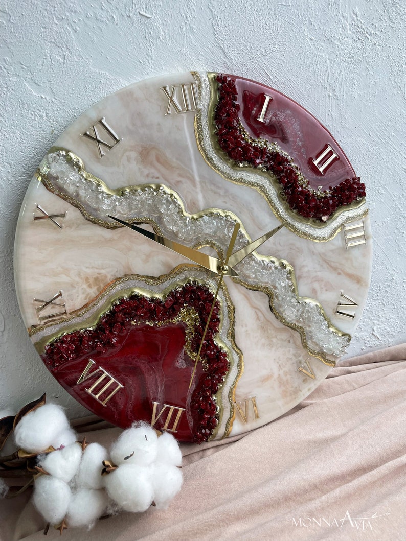 Resin Red Geode Clock Resin Art Clock Red Gold Geode - Etsy