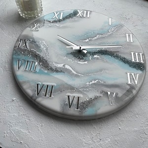 Resin Art, Wall Clock, Wall Clock Unique, Custom Clock White Blue and ...