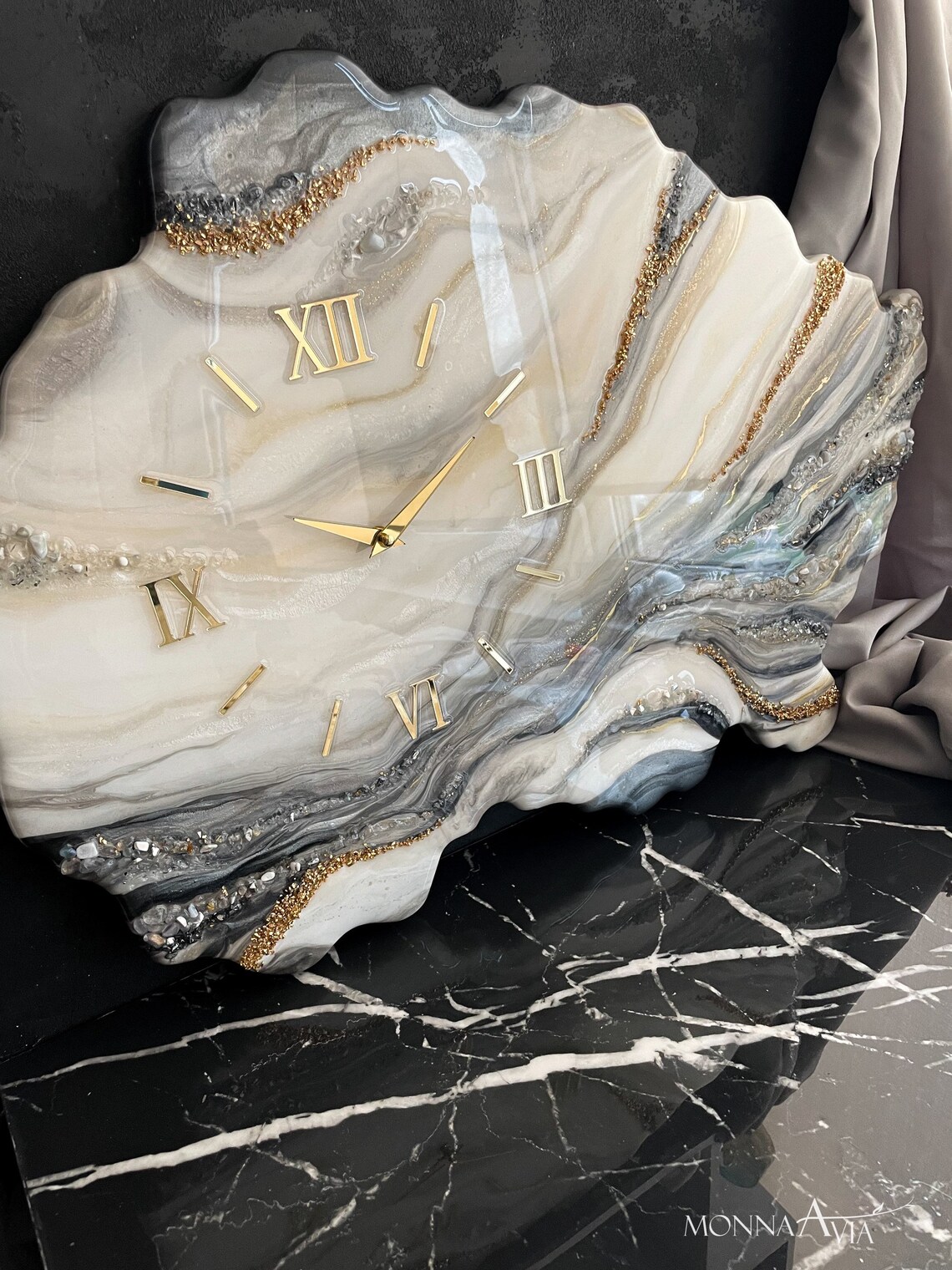 Geode Ivory Grey Gold Wall Clock Epoxy Resin Wall Clock - Etsy