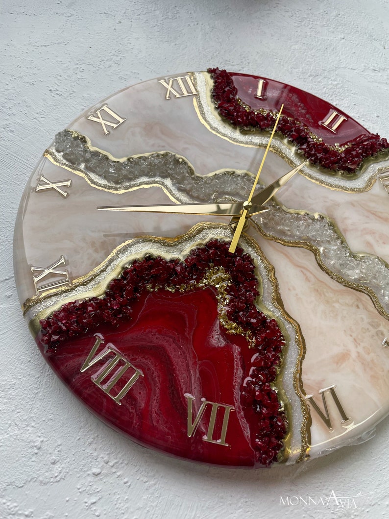 Resin Red Geode Clock Resin Art Clock Red Gold Geode - Etsy