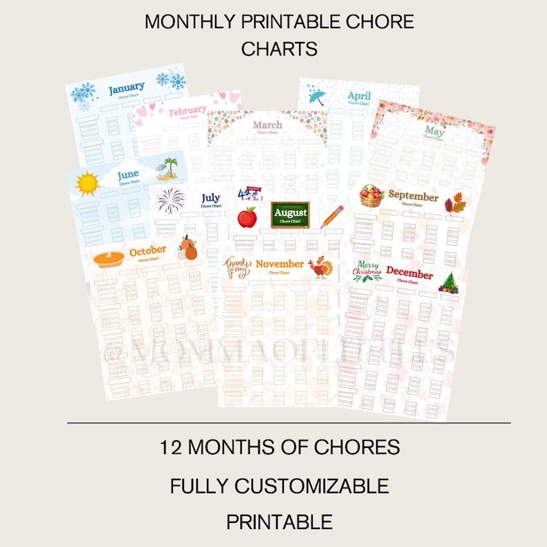 Printable/customizable Chore Chart for Family Chores 8.5x11 12 Charts ...