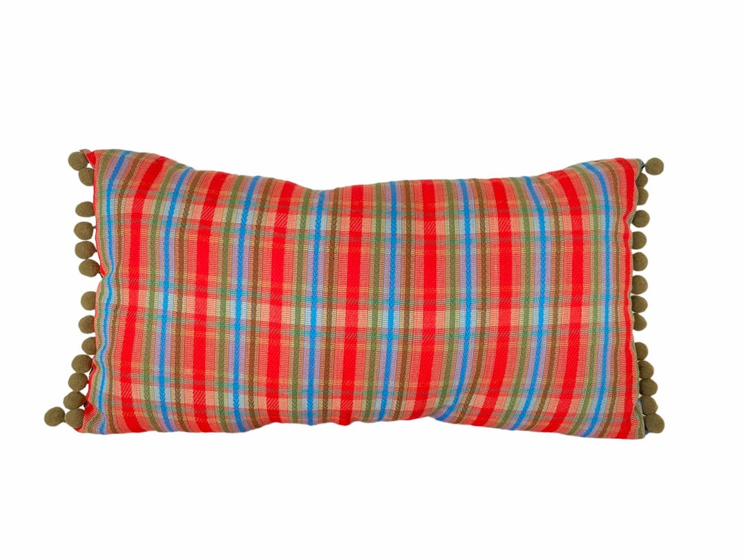 Inabel Lumbar Pillow With Olive Green Pompoms - Etsy
