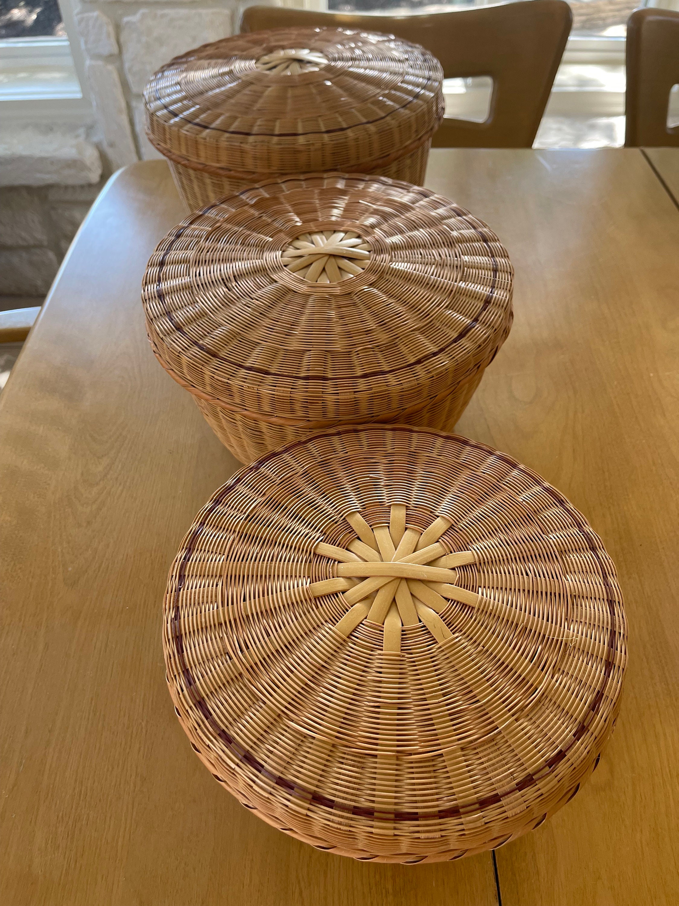 Vintage Asian Woven Bamboo / Wicker Footed Nesting Baskets With Lids ...