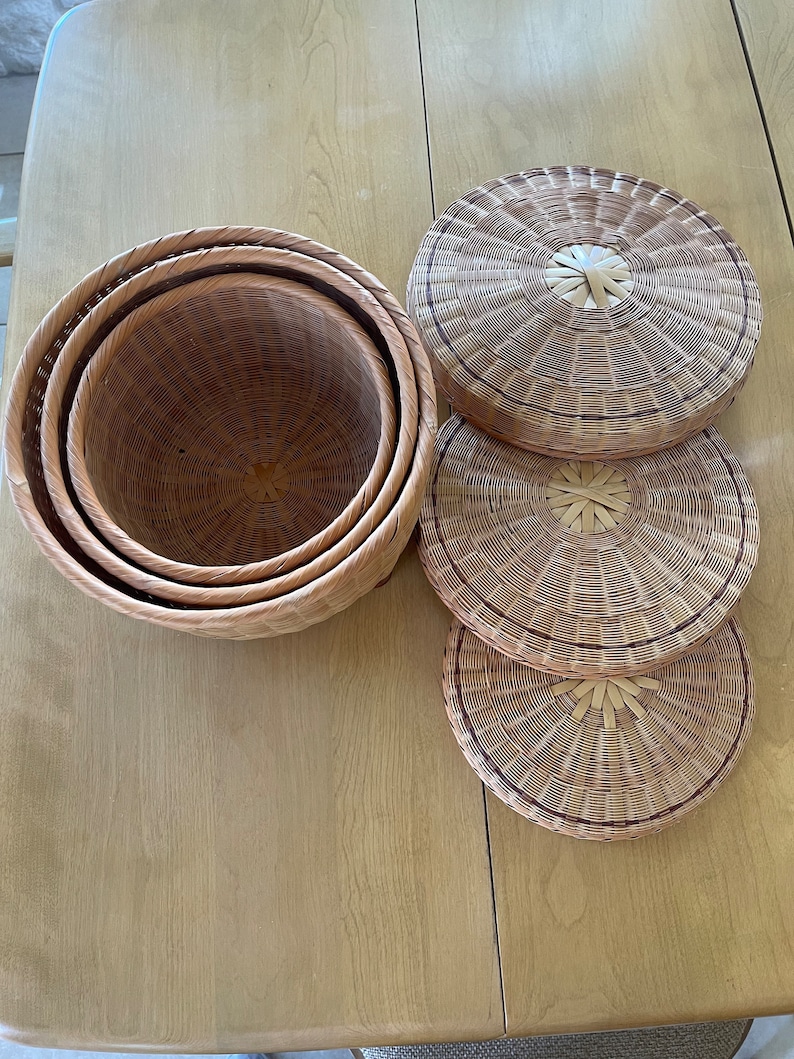 Vintage Asian Woven Bamboo / Wicker Footed Nesting Baskets With Lids ...