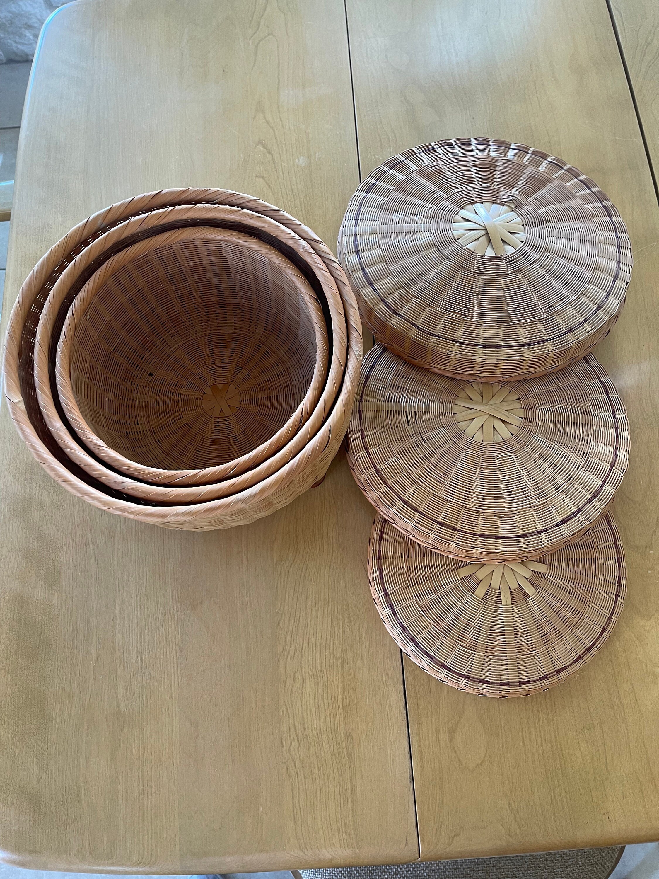 Vintage Asian Woven Bamboo / Wicker Footed Nesting Baskets With Lids ...
