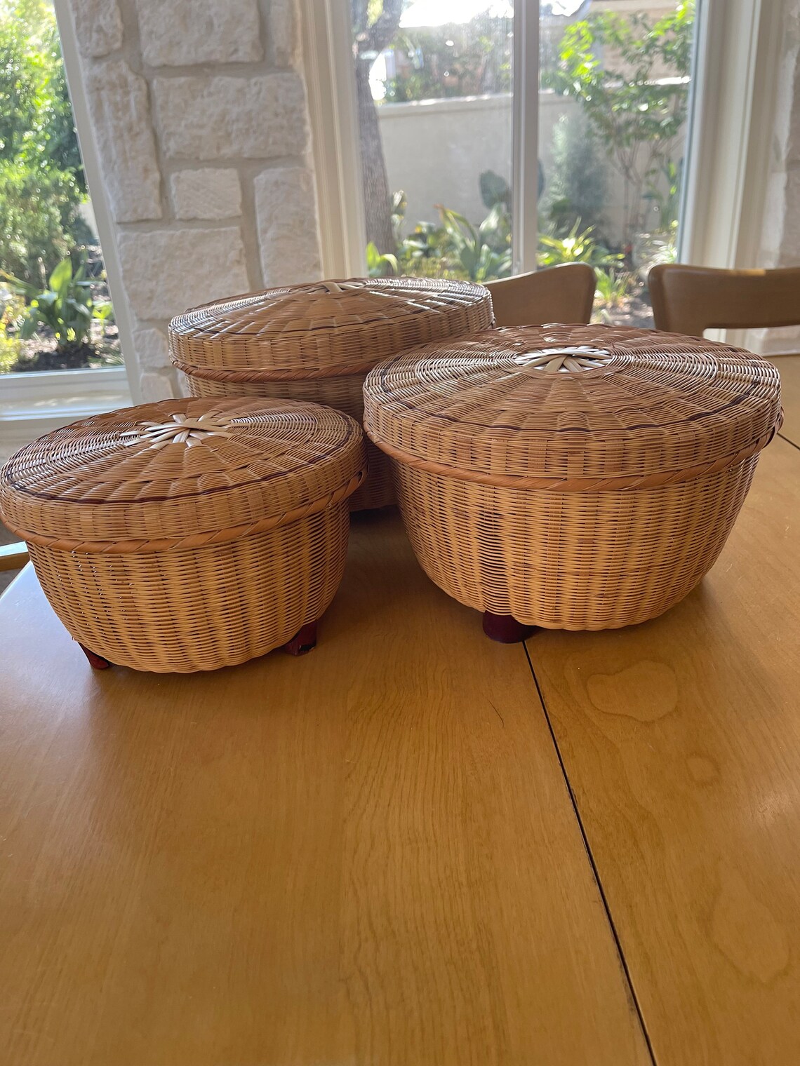 Vintage Asian Woven Bamboo / Wicker Footed Nesting Baskets With Lids ...