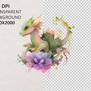 Cute Dragon Png, Watercolor Png, Fairy Dragon Png, Png Bundle, Floral ...